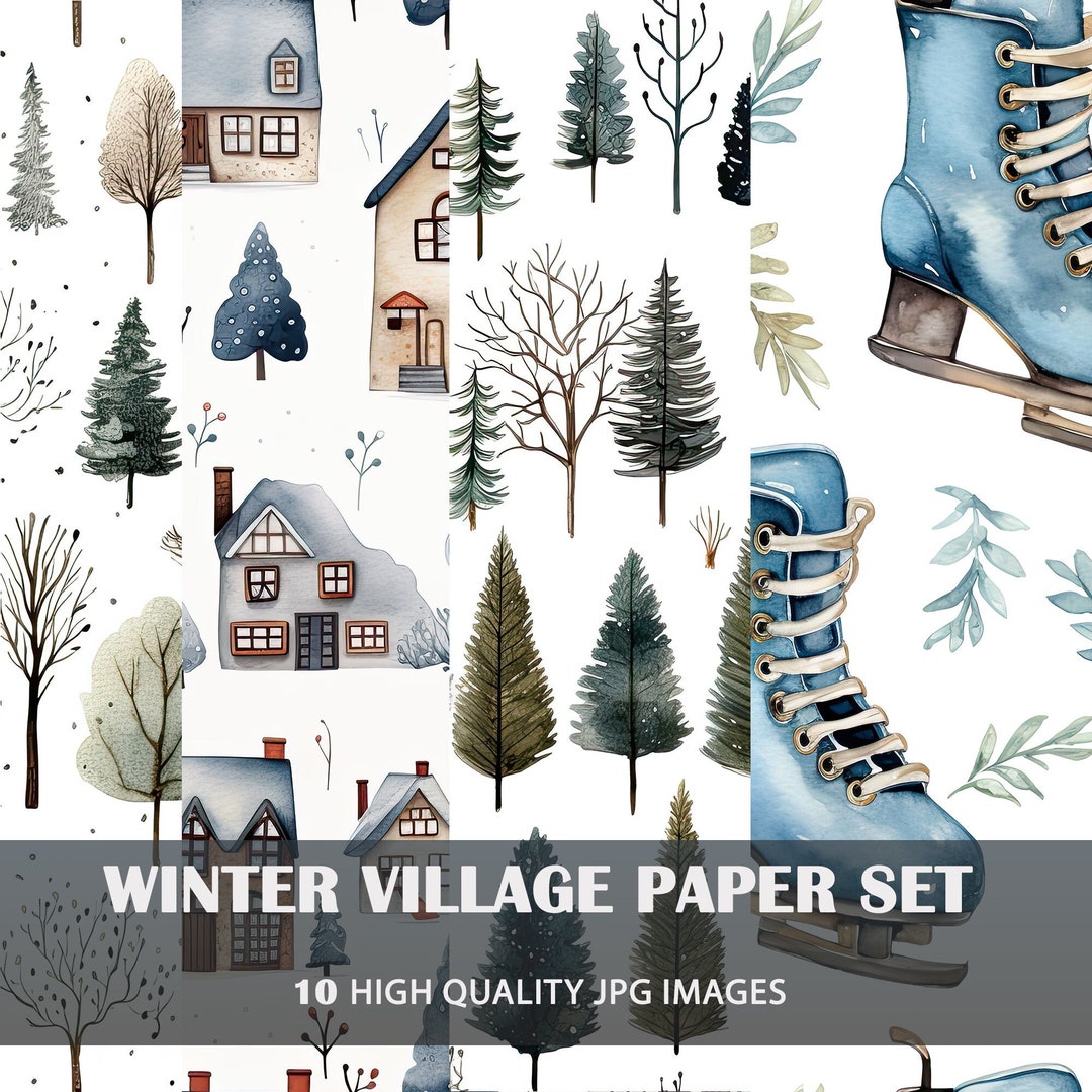 Winter Village Paper Set, Watercolor Gift Paper Wrap Set, Seamless ...