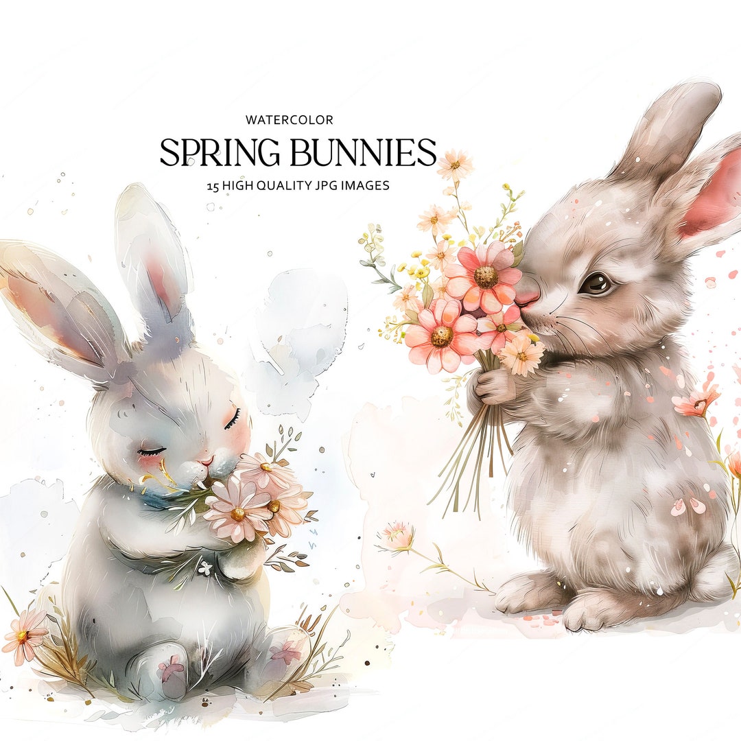 Bunny Clipart Set: Spring Flowers, Easter Nursery (JPG Digital Download ...