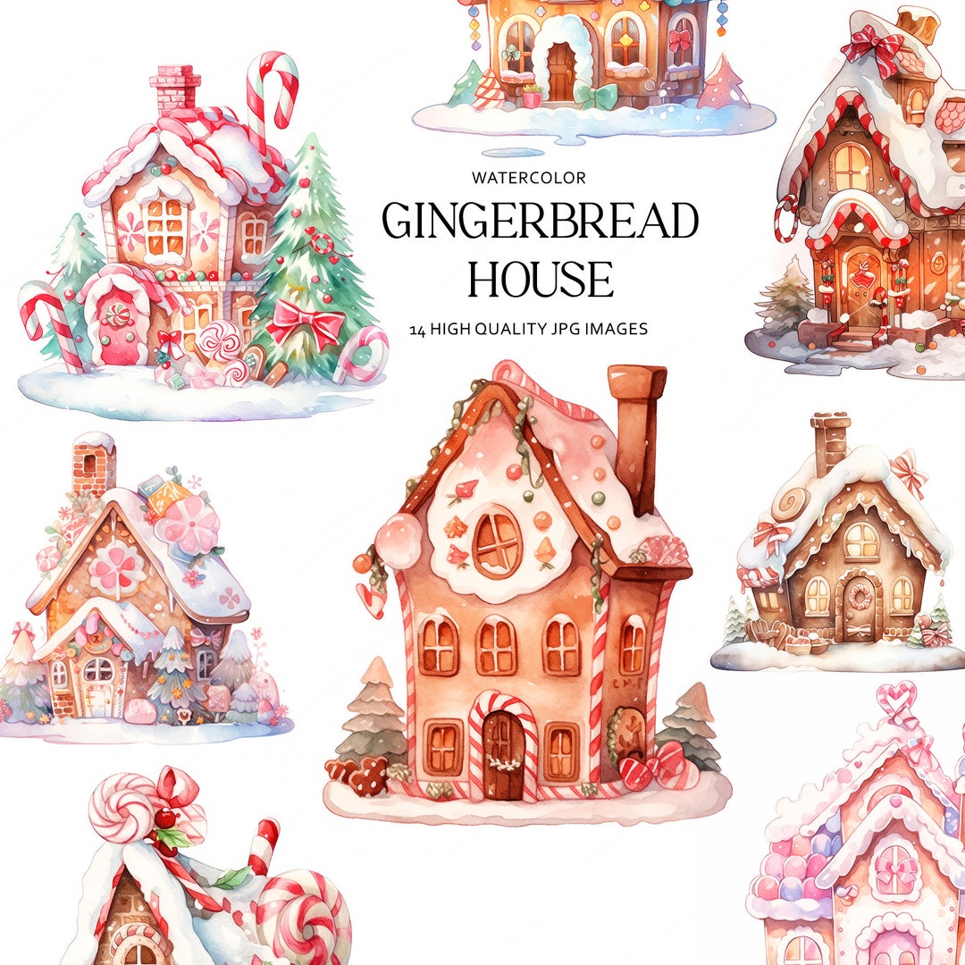 14 Watercolor Christmas Gingerbread House Clipart I Brown and Pink I ...
