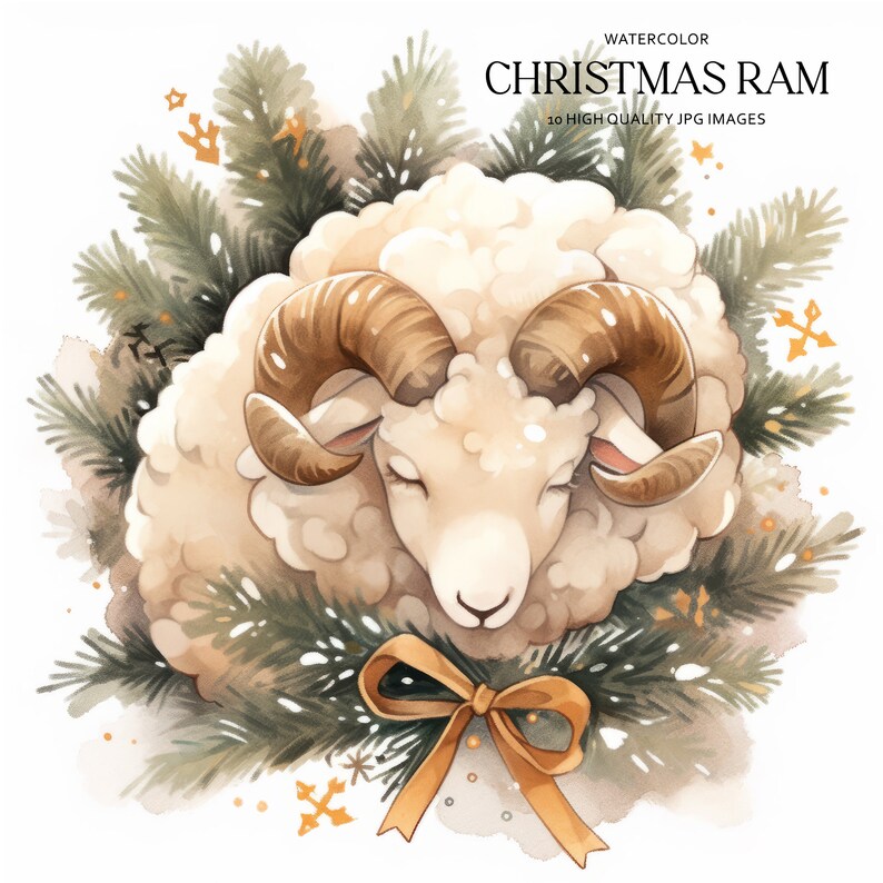 10 Watercolor Christmas Rams Clipart Set, Ram Portrait, Farm Animal ...