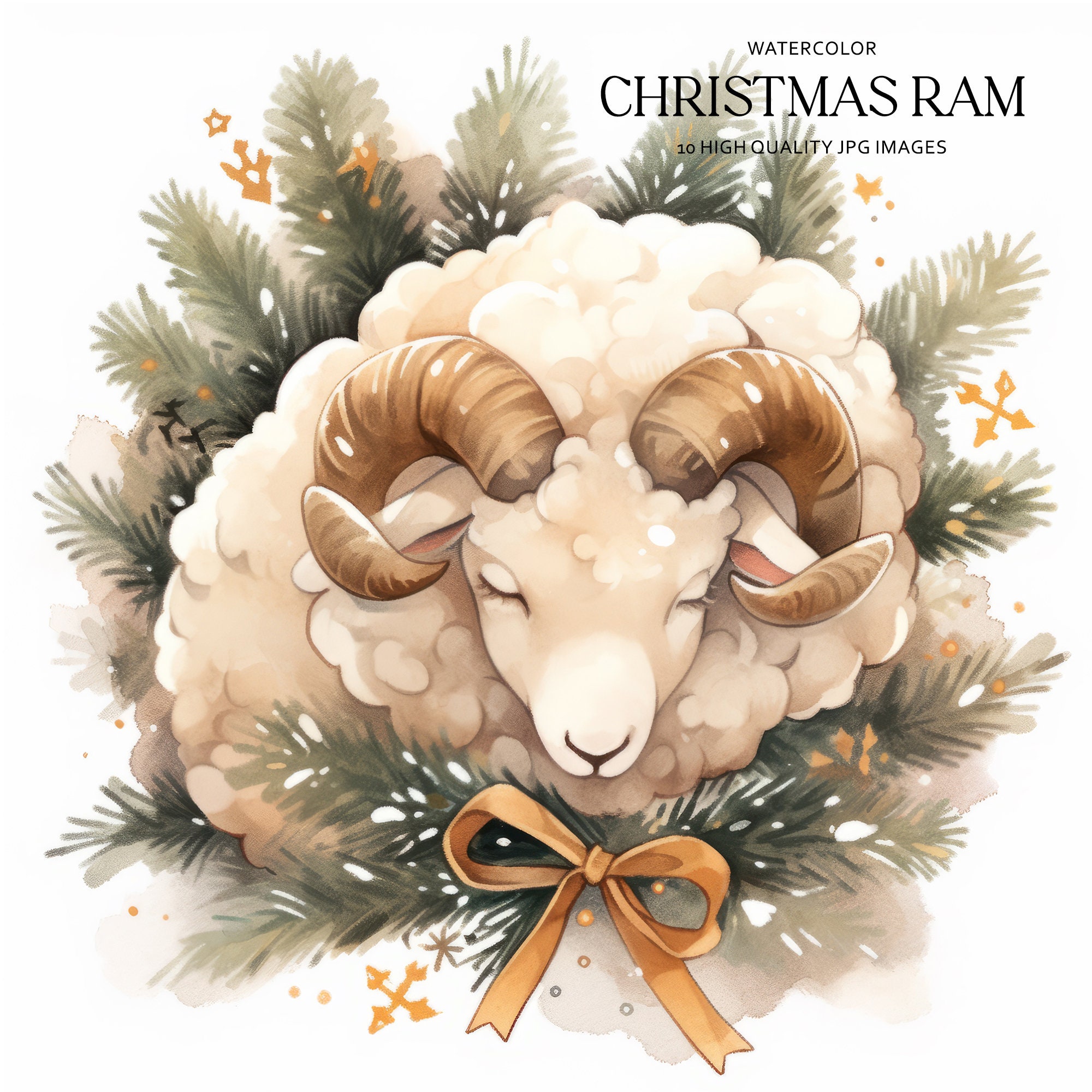 10 Watercolor Christmas Rams Clipart Set, Ram Portrait, Farm Animal ...