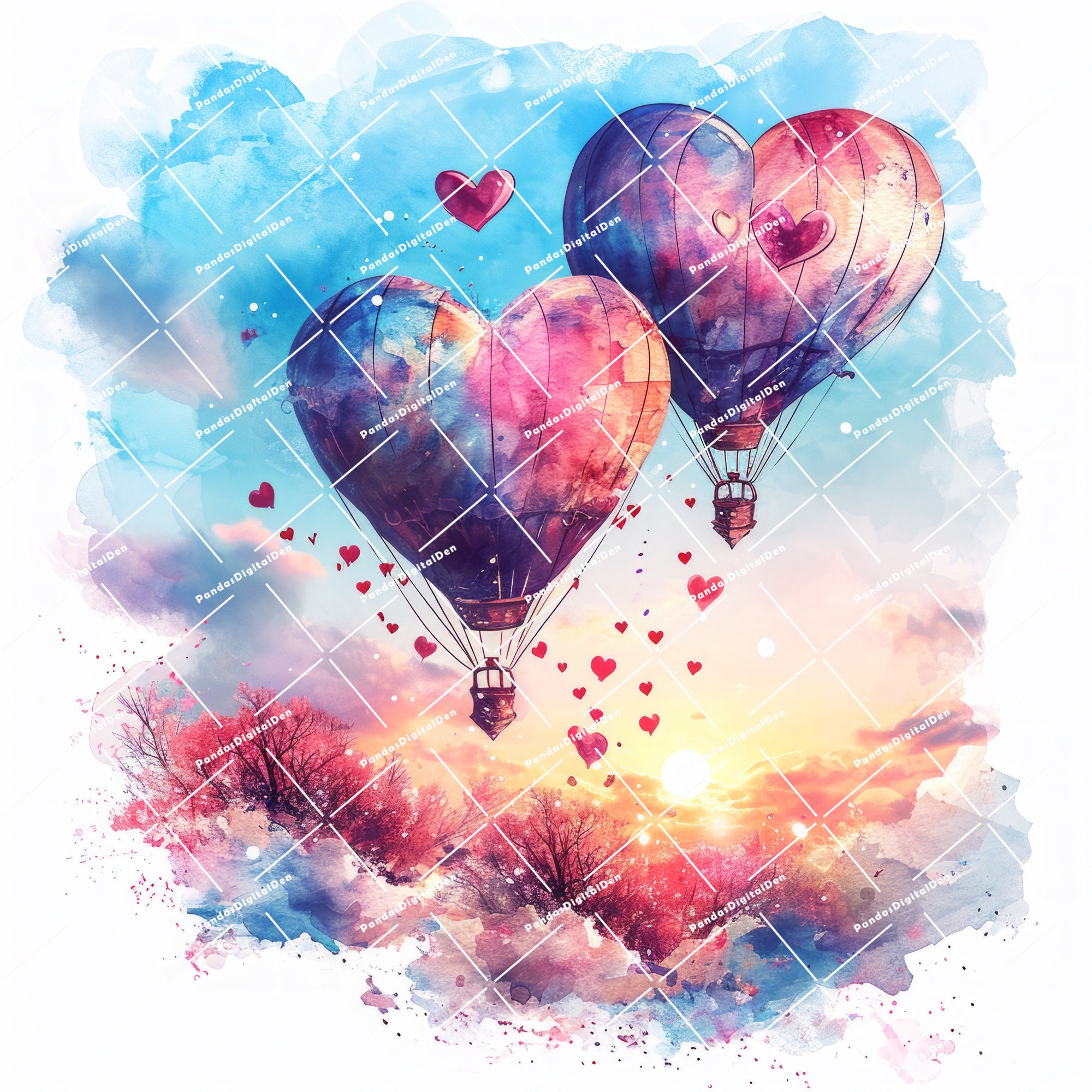 Heart Hot Air Balloons in Clouds Clipart Set of Heart Shaped Balloons ...