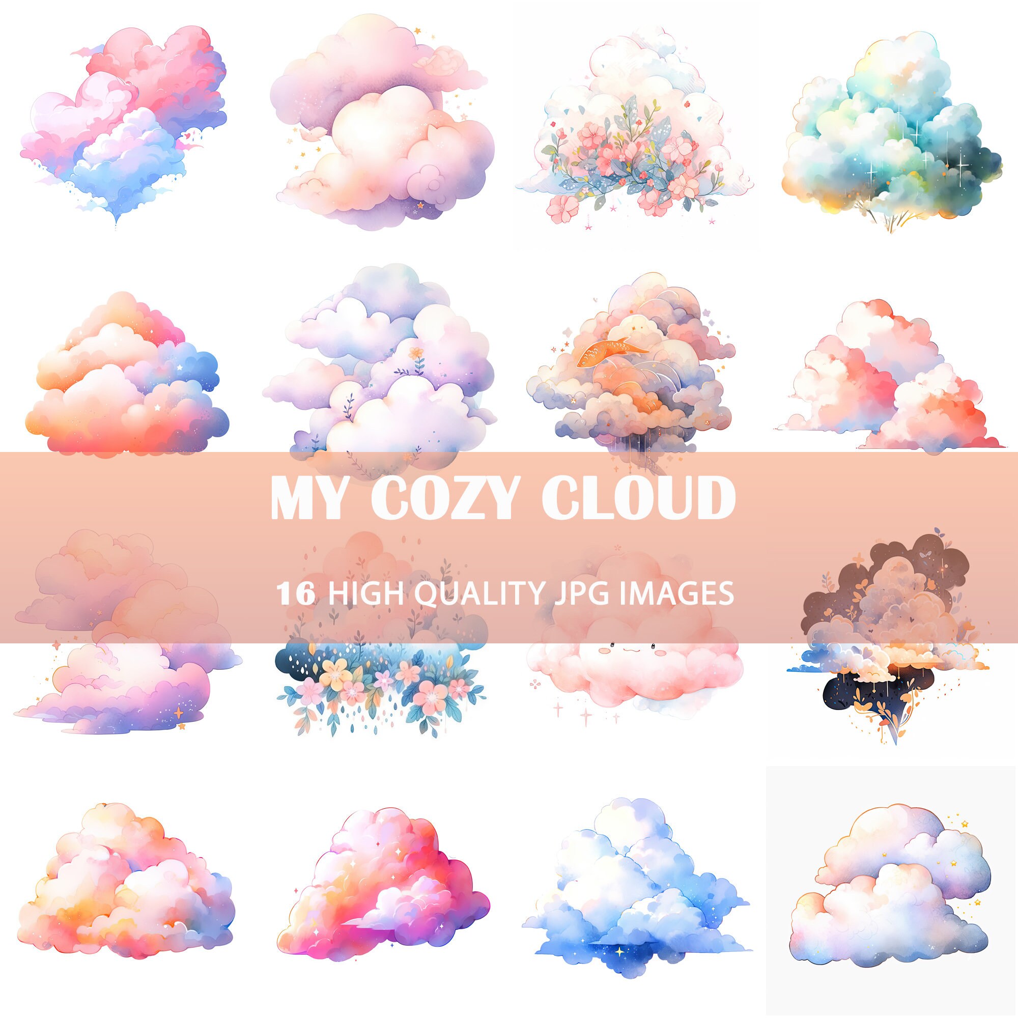 16 Watercolour Kawaii Clouds Clipart - My Cozy Cloud - Sky Clipart ...
