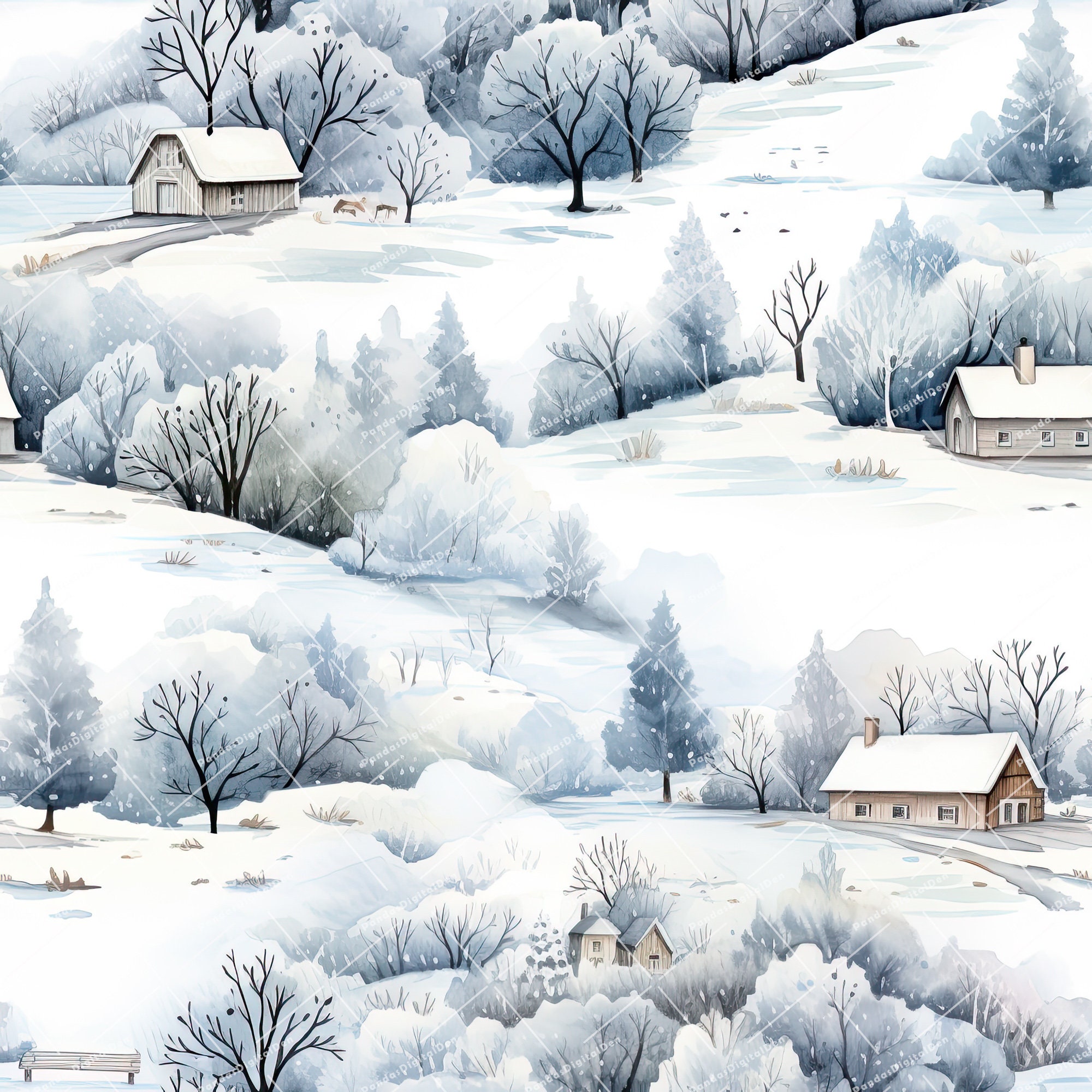 Winter Village Paper Set, Watercolor Gift Paper Wrap Set, Seamless ...