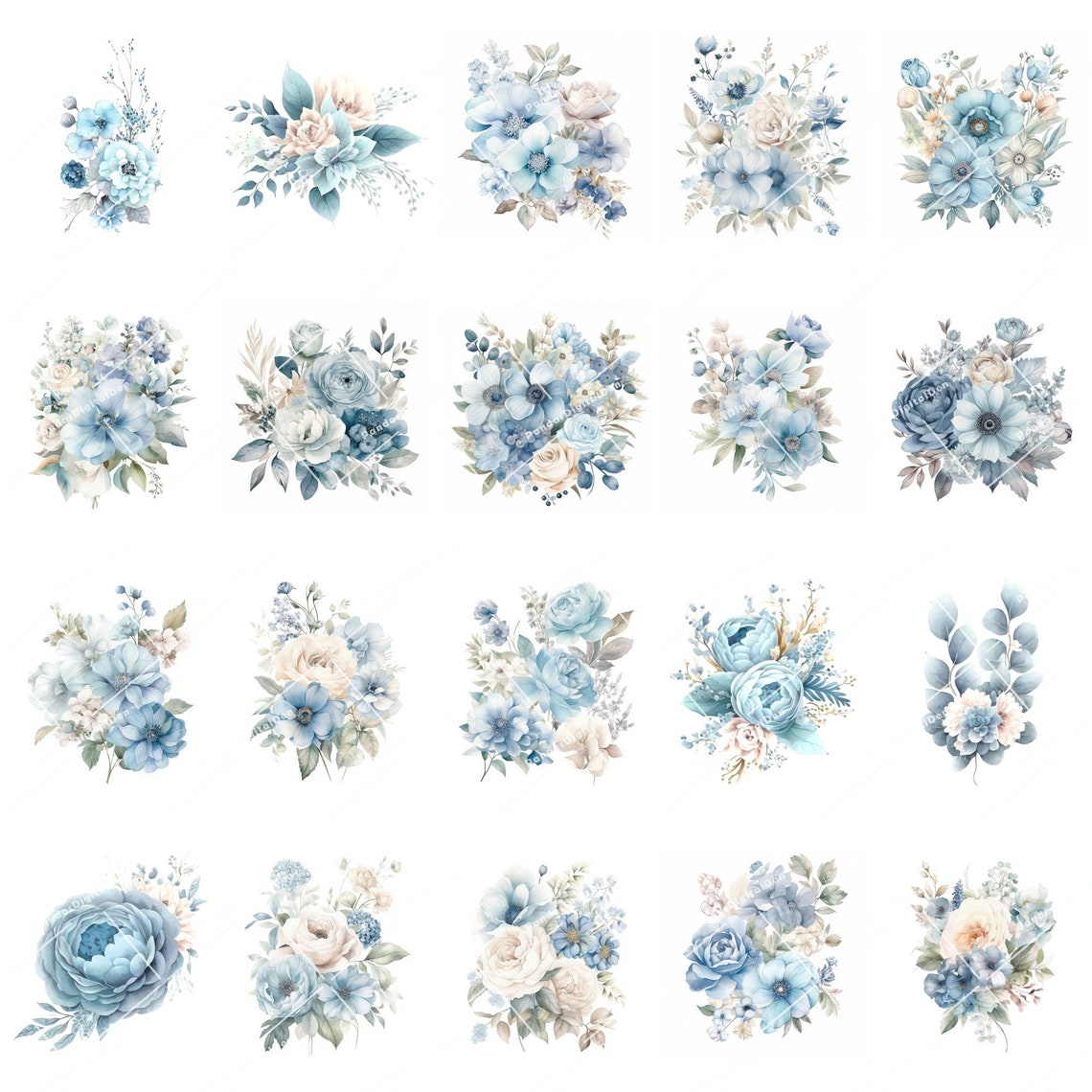 Pale Indigo Gardens 20 Flower Bouquet Watercolor Clipart, Botanical ...
