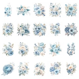 Pale Indigo Gardens - 20 Flower Bouquet Watercolor Clipart, Botanical ...