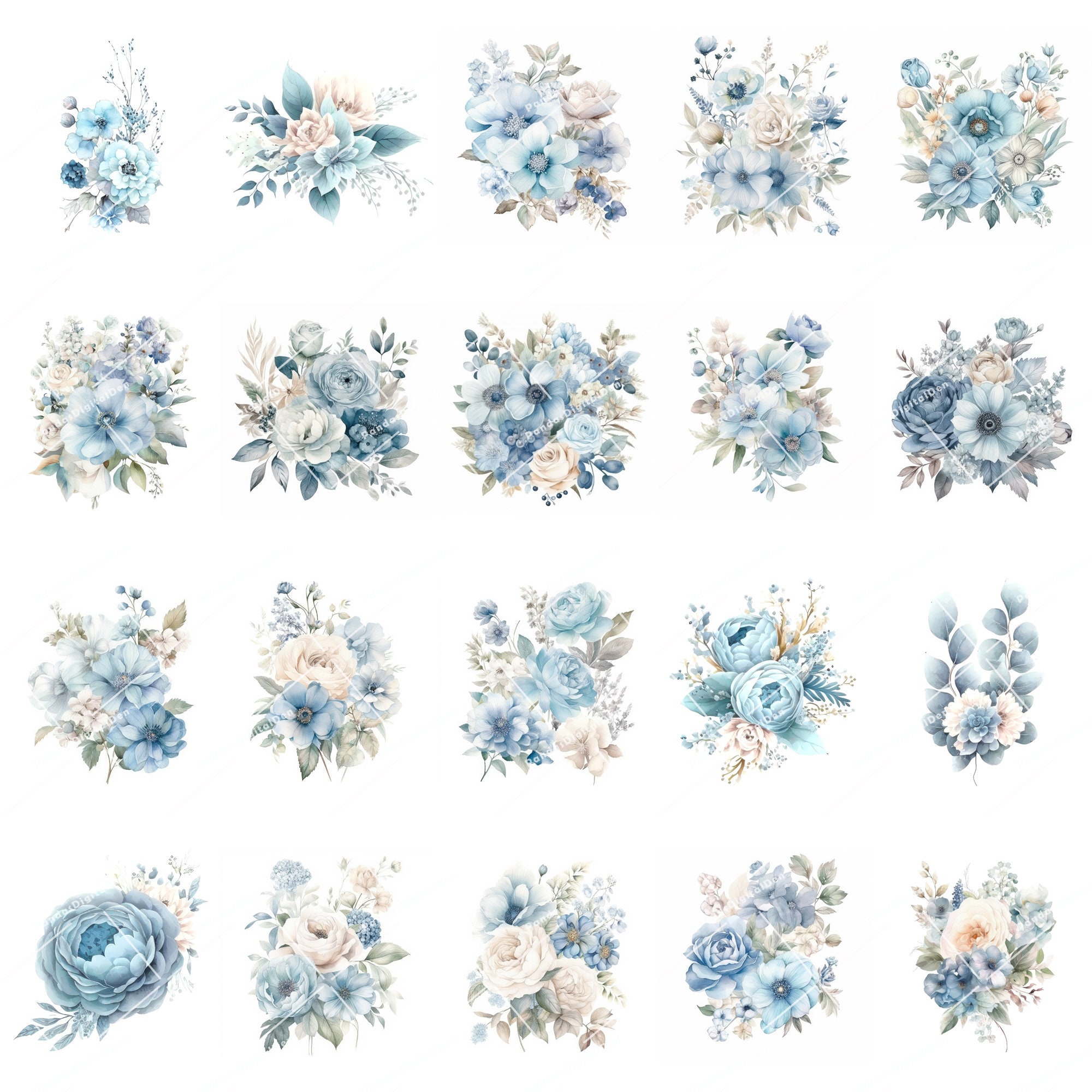 Pale Indigo Gardens 20 Flower Bouquet Watercolor Clipart, Botanical ...