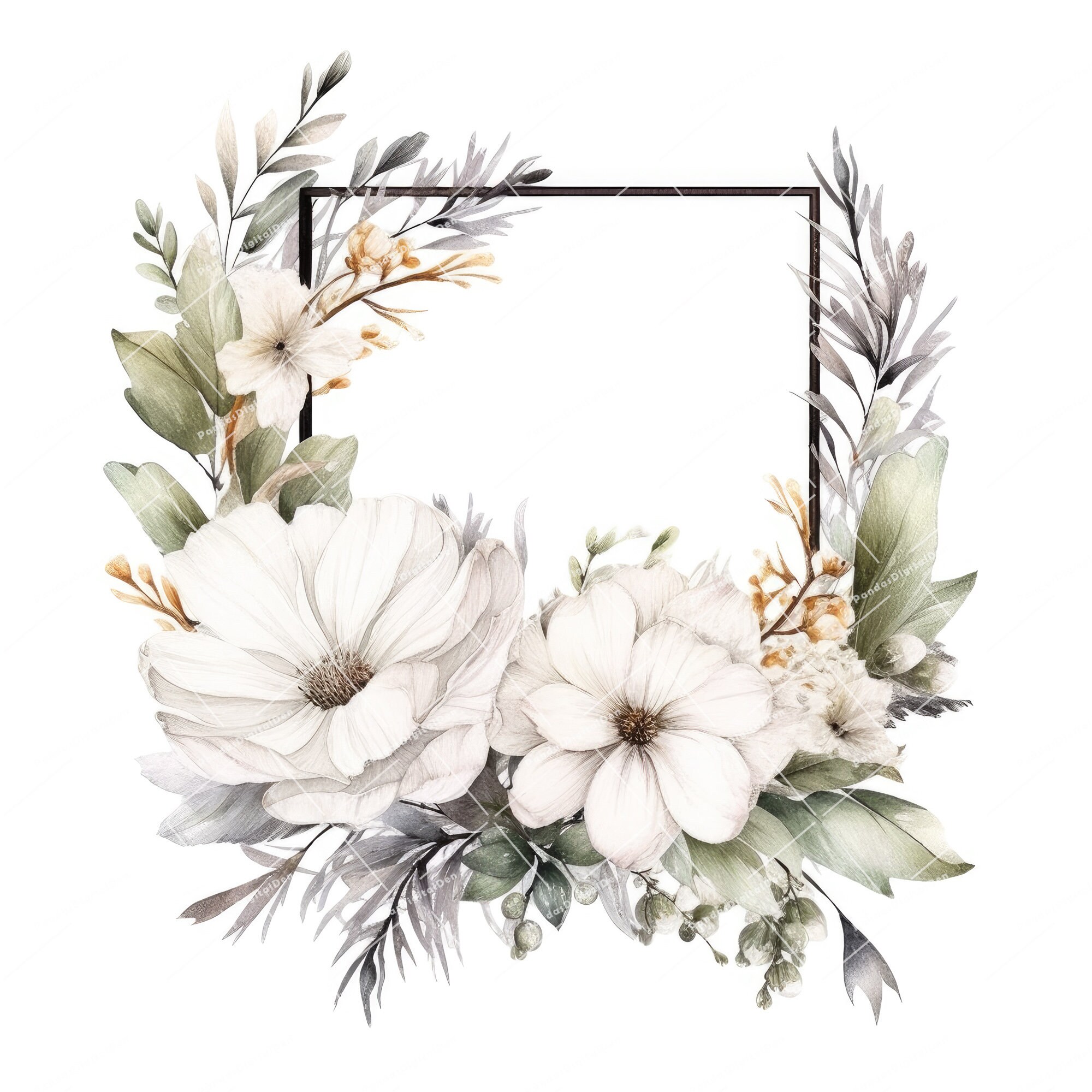 20 Watercolor White Flower Frames and Wreaths Clipart for Digital ...