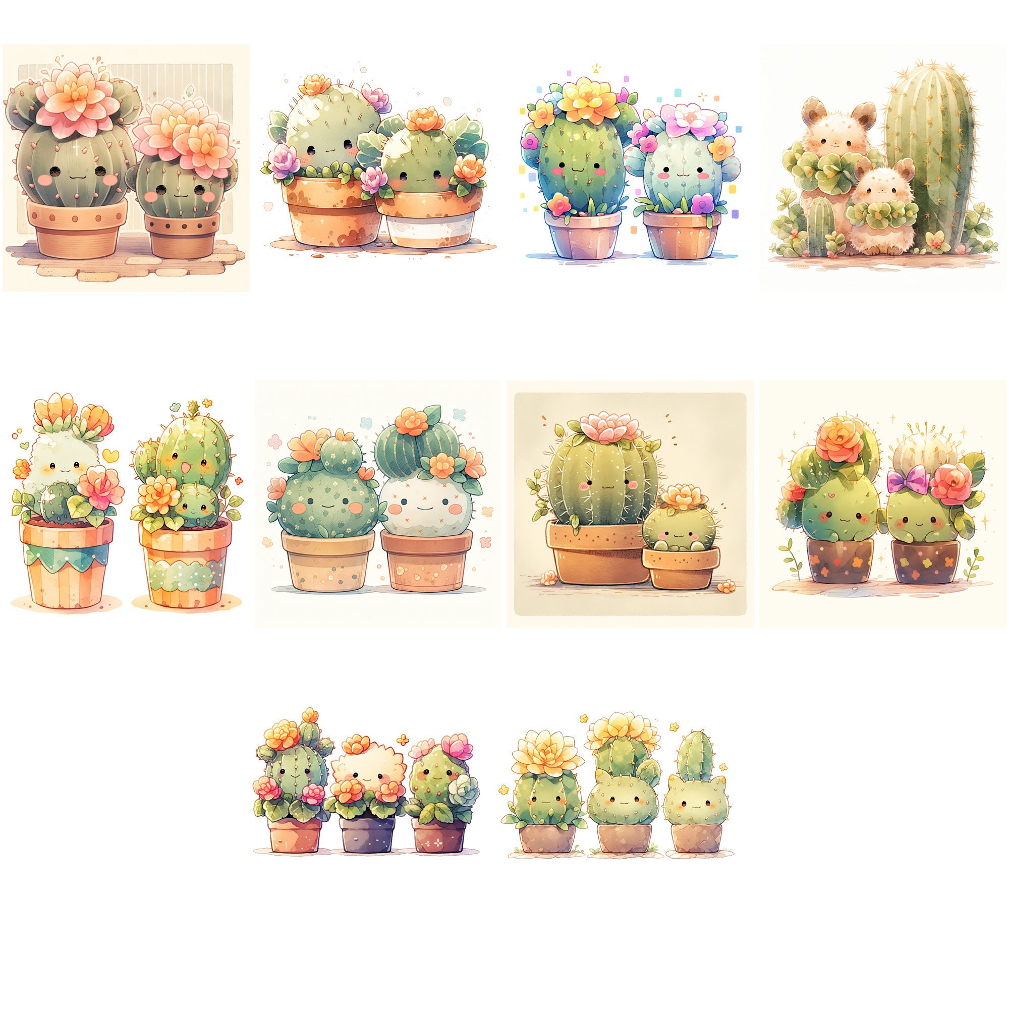 Cute Watercolor Kawaii Cactus Clipart Bundle | Set of Cacti ...