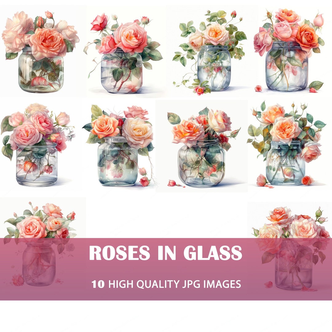 Watercolor Roses in Glass Jar Clipart for Digital Invitations, Digital ...
