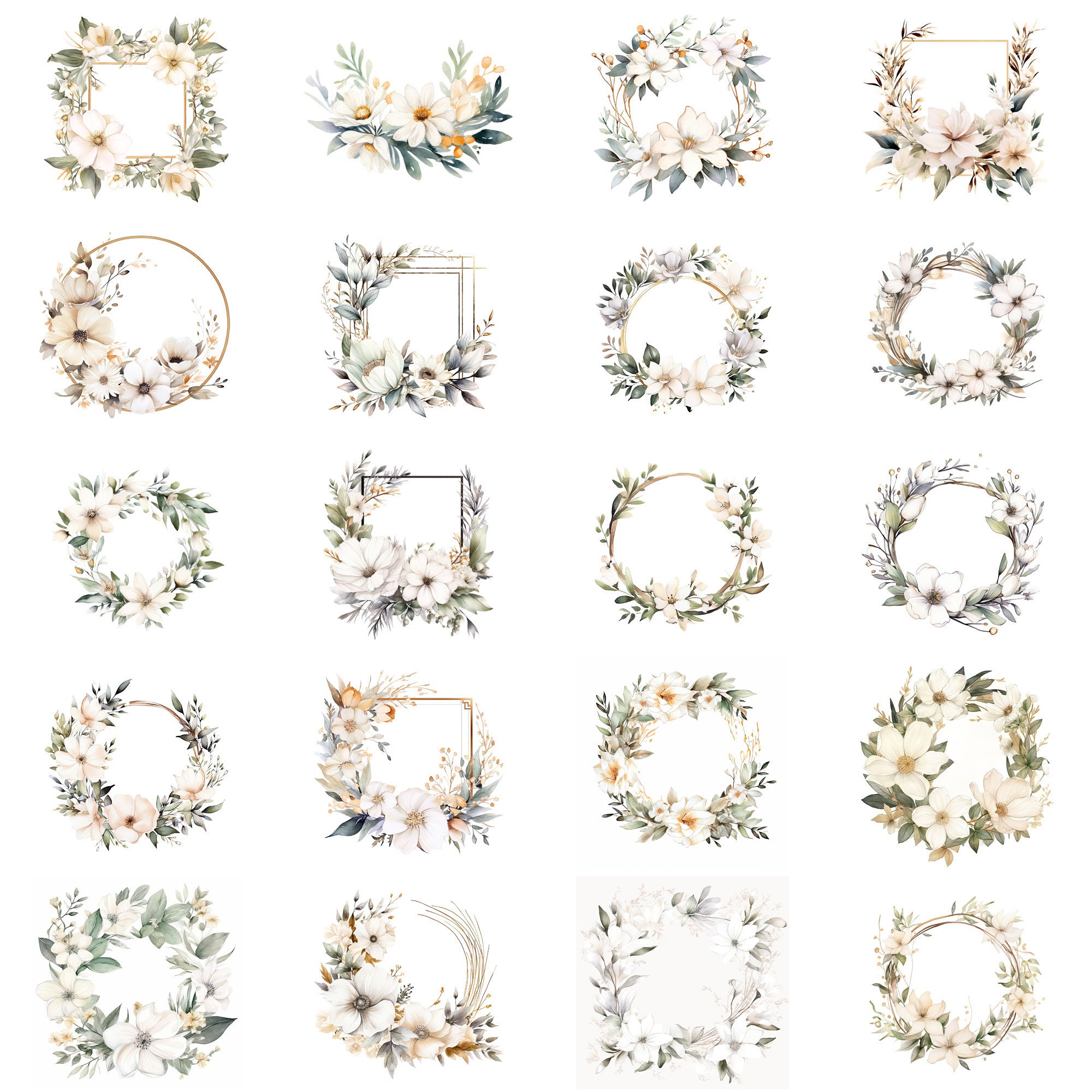 20 Watercolor White Flower Frames and Wreaths Clipart for Digital ...