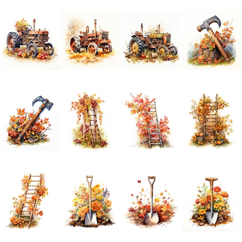 Watercolor Farm Tools Clipart, Ladders, Axes, Farm Equipment and Spades ...