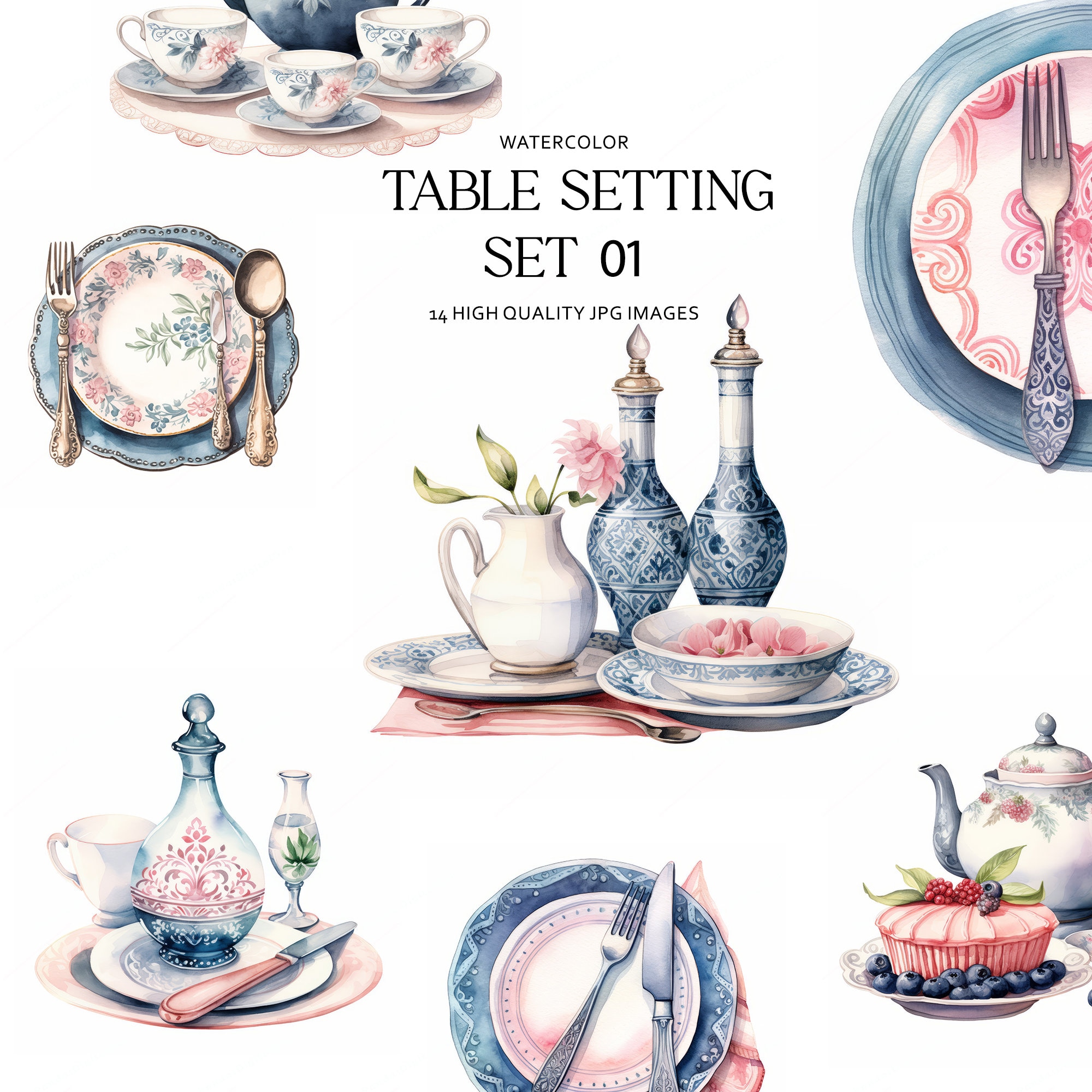 14 Watercolor Table Setting Art, Commercial Use Clipart, Home Clipart ...