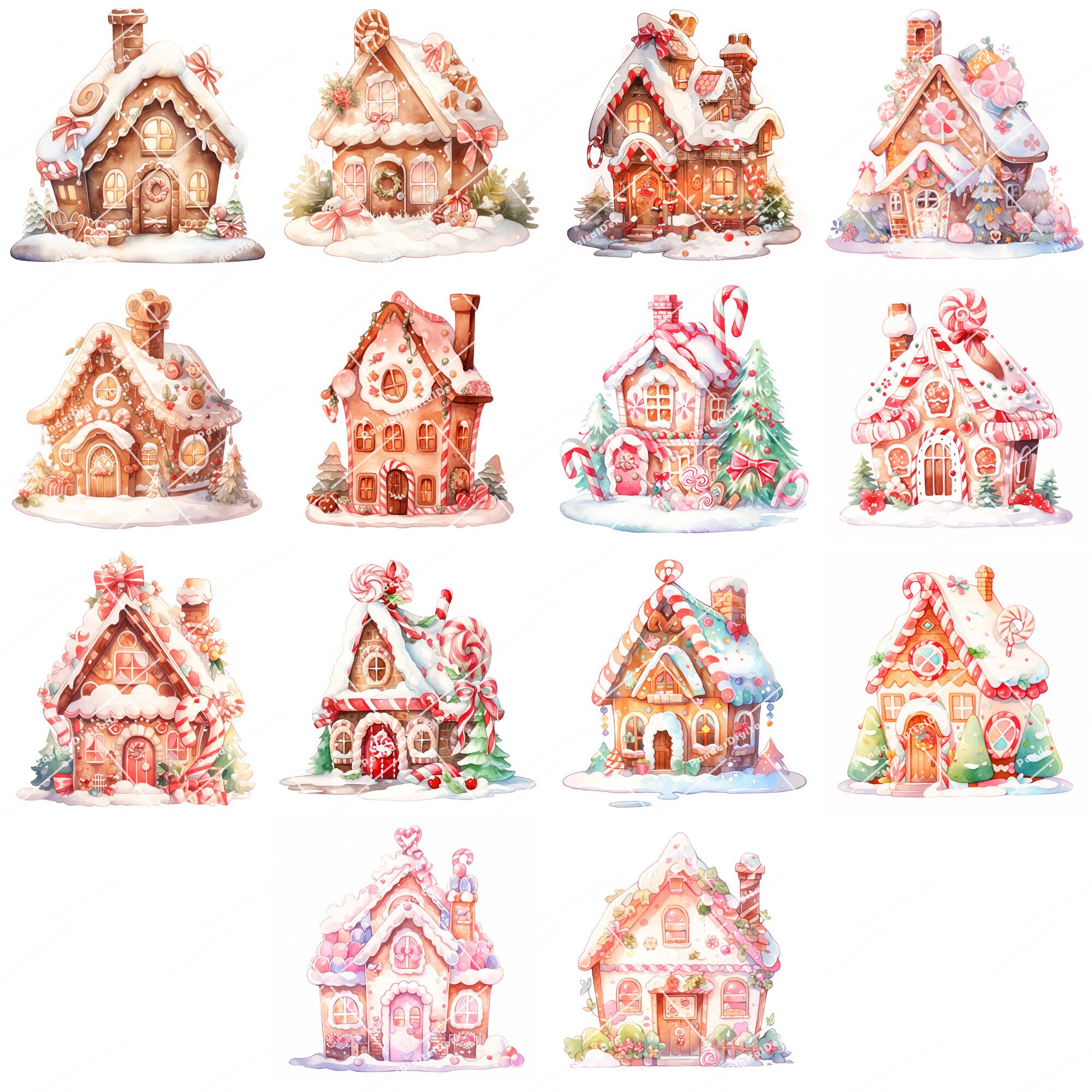 14 Watercolor Christmas Gingerbread House Clipart I Brown and Pink I ...