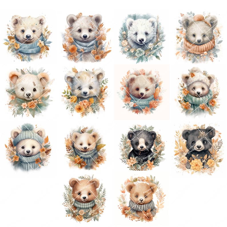 Watercolor Cute Baby Bear Clipart for Digital Invitations, Digital ...