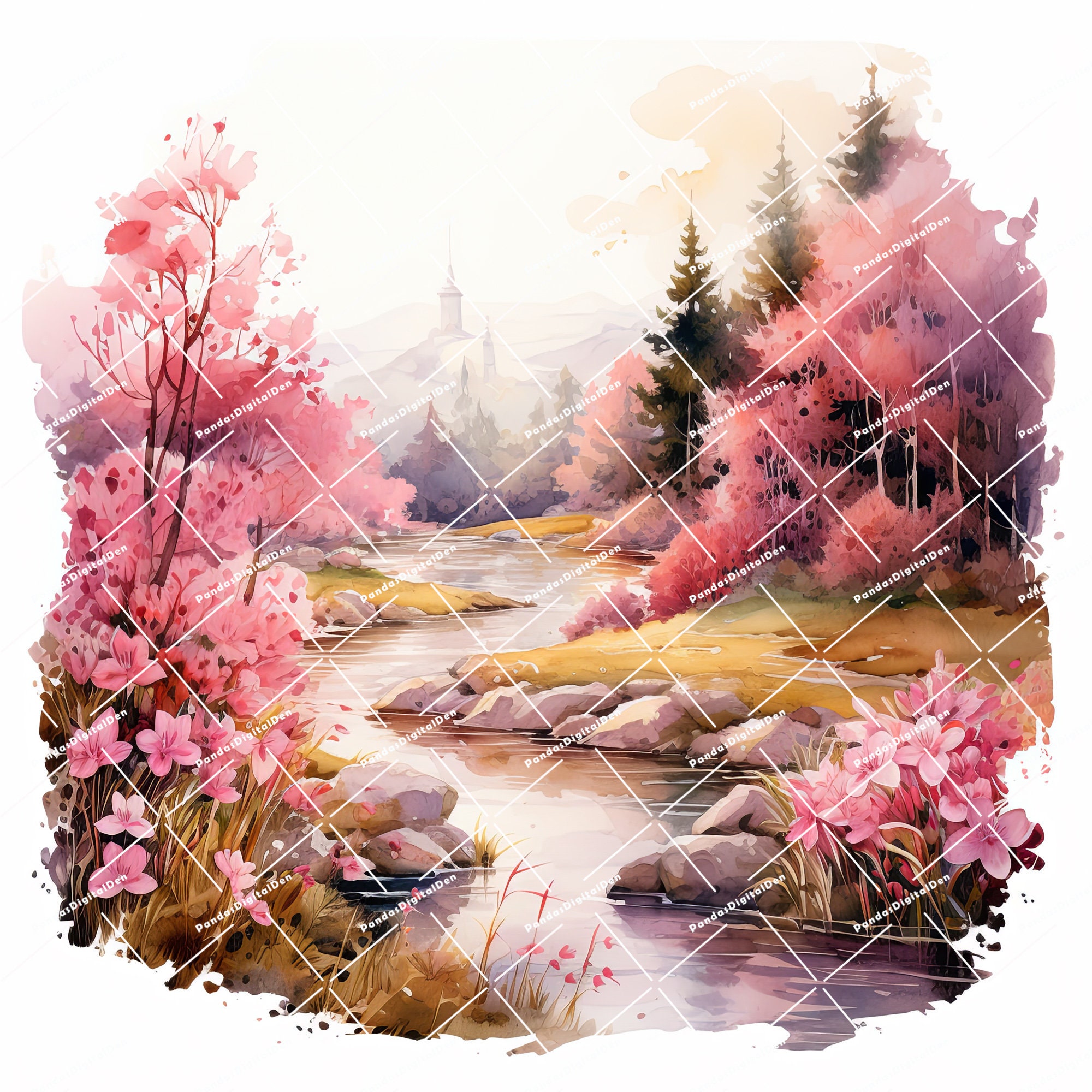 Watercolor Soft Pink Landscape Clipart for Digital Invitations, Digital ...