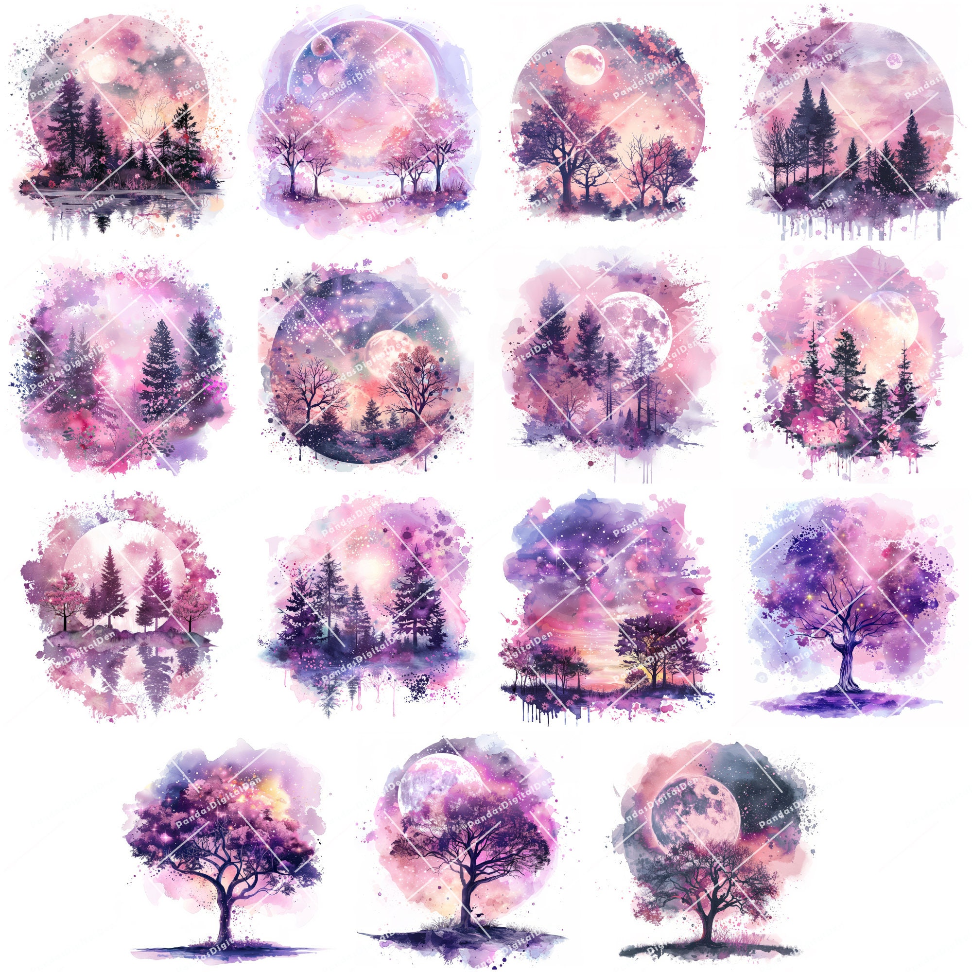 15 Watercolor Pink and Purple Galaxy Forest Arts I Space Clipart I ...