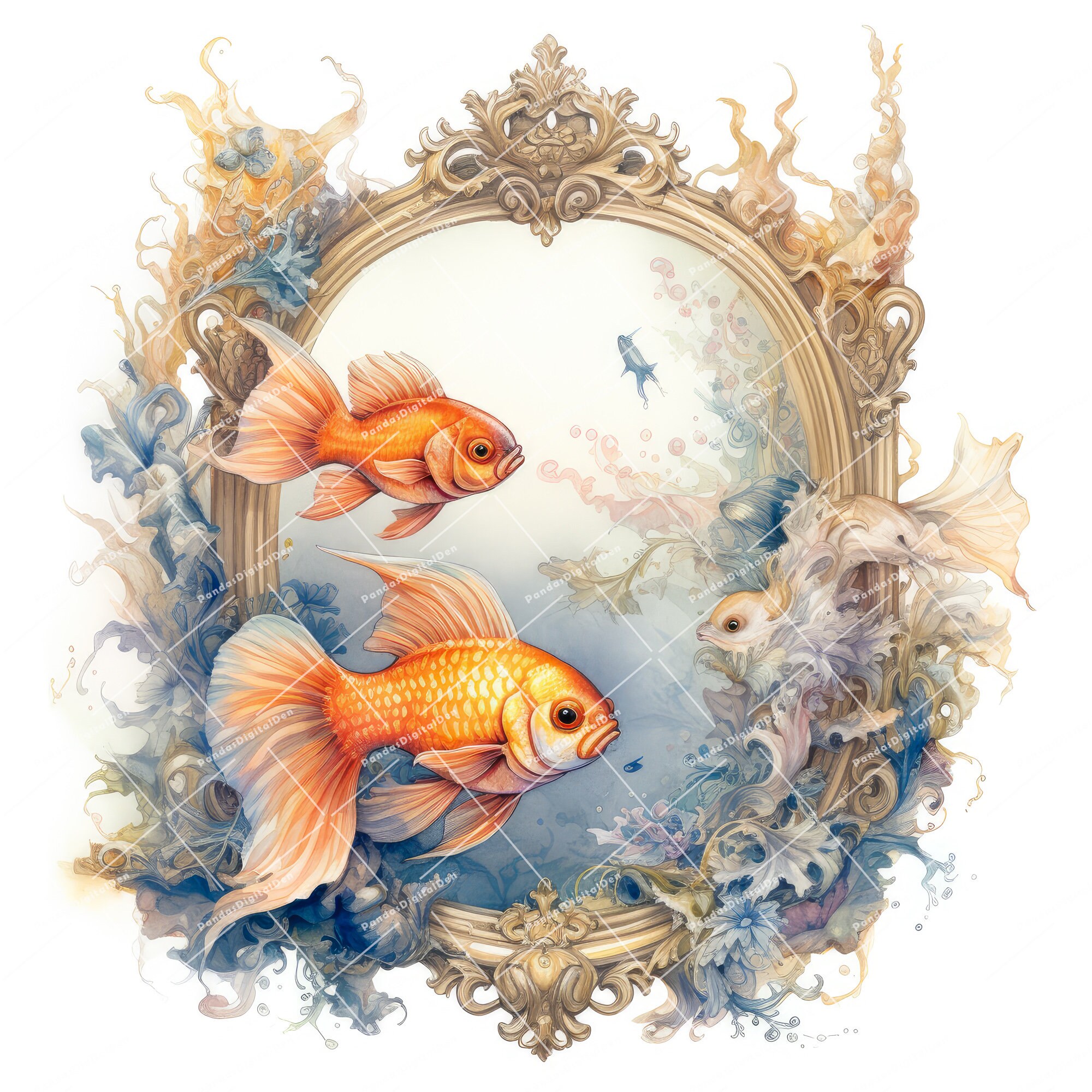 8 Watercolor Rococo Goldfish Clipart for Digital Invitations, Digital ...