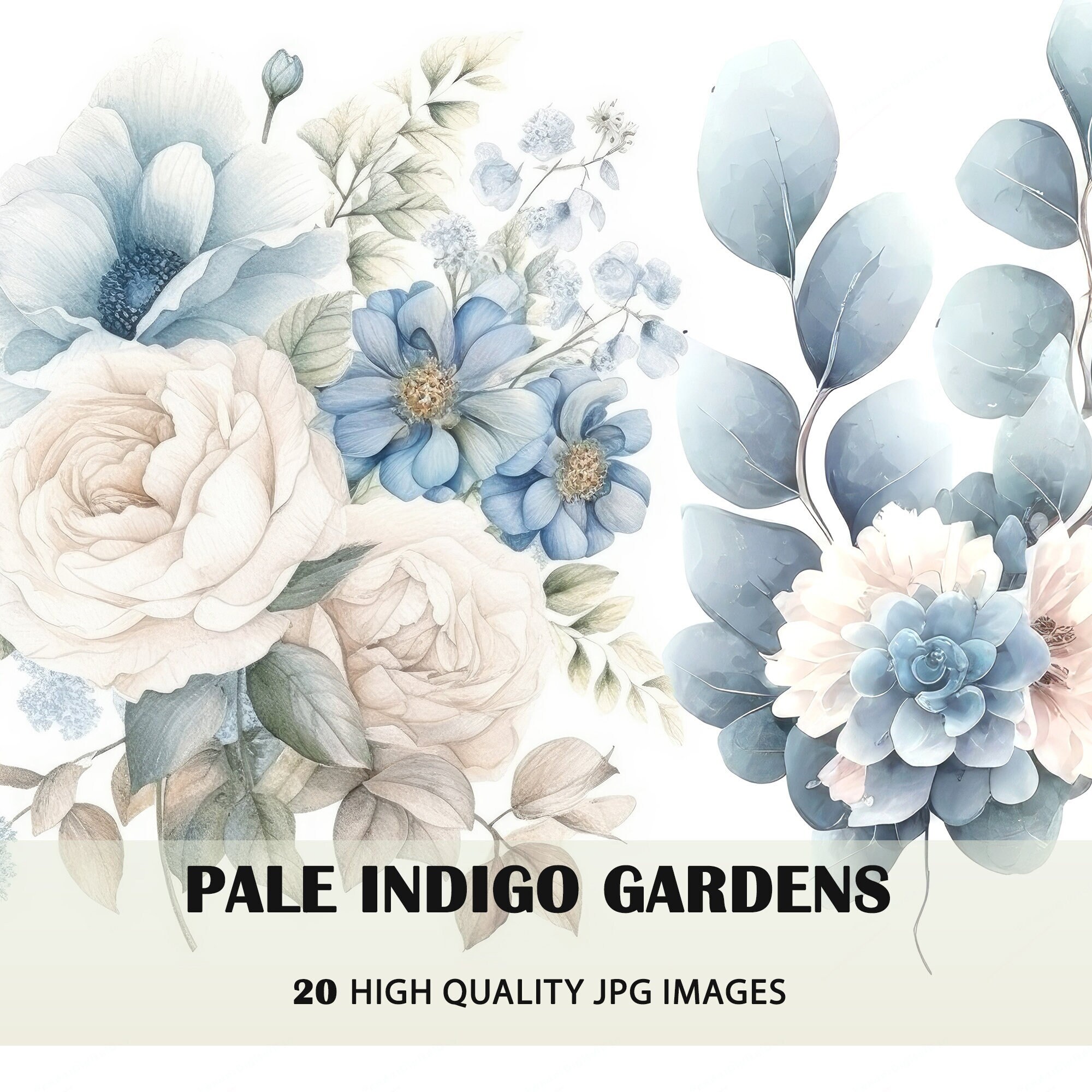 Pale Indigo Gardens - 20 Flower Bouquet Watercolor Clipart, Botanical ...