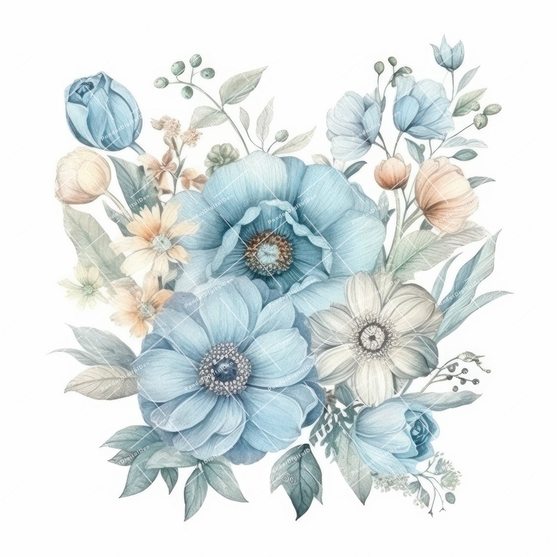 Pale Indigo Gardens 20 Flower Bouquet Watercolor Clipart, Botanical ...
