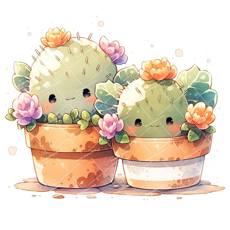 Cute Watercolor Kawaii Cactus Clipart Bundle | Set of Cacti ...