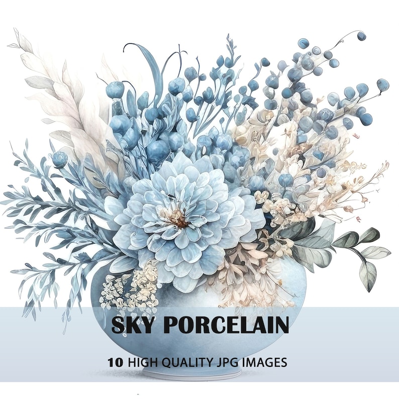 Sky Porcelain - 10 Vases With Flower Watercolor Clipart, Botanical Blue ...