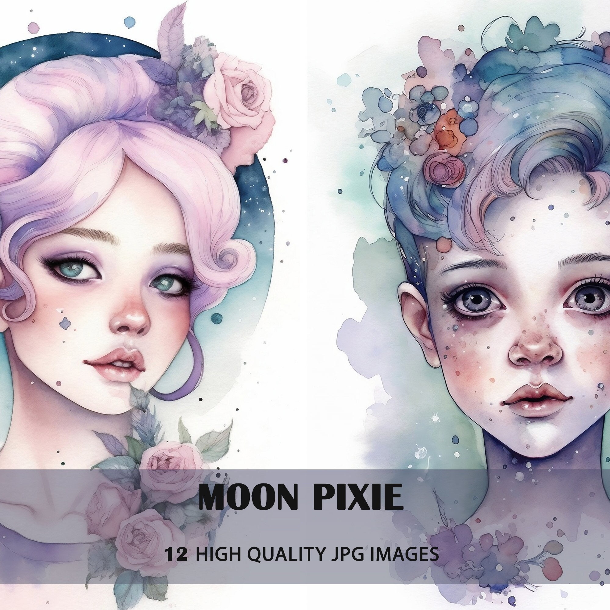 Watercolor Moon Pixie Clipart for Digital Invitations, Digital Posters, Scrapbook I Digital ...