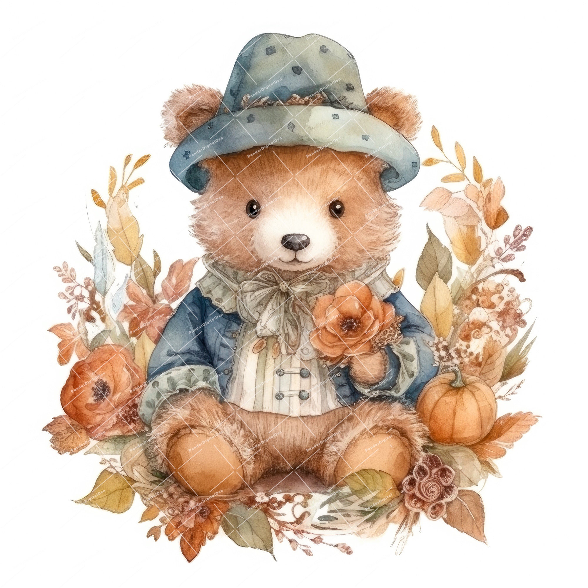 10 Autumn Teddy Bear Watercolor Clipart for Digital Invitations ...