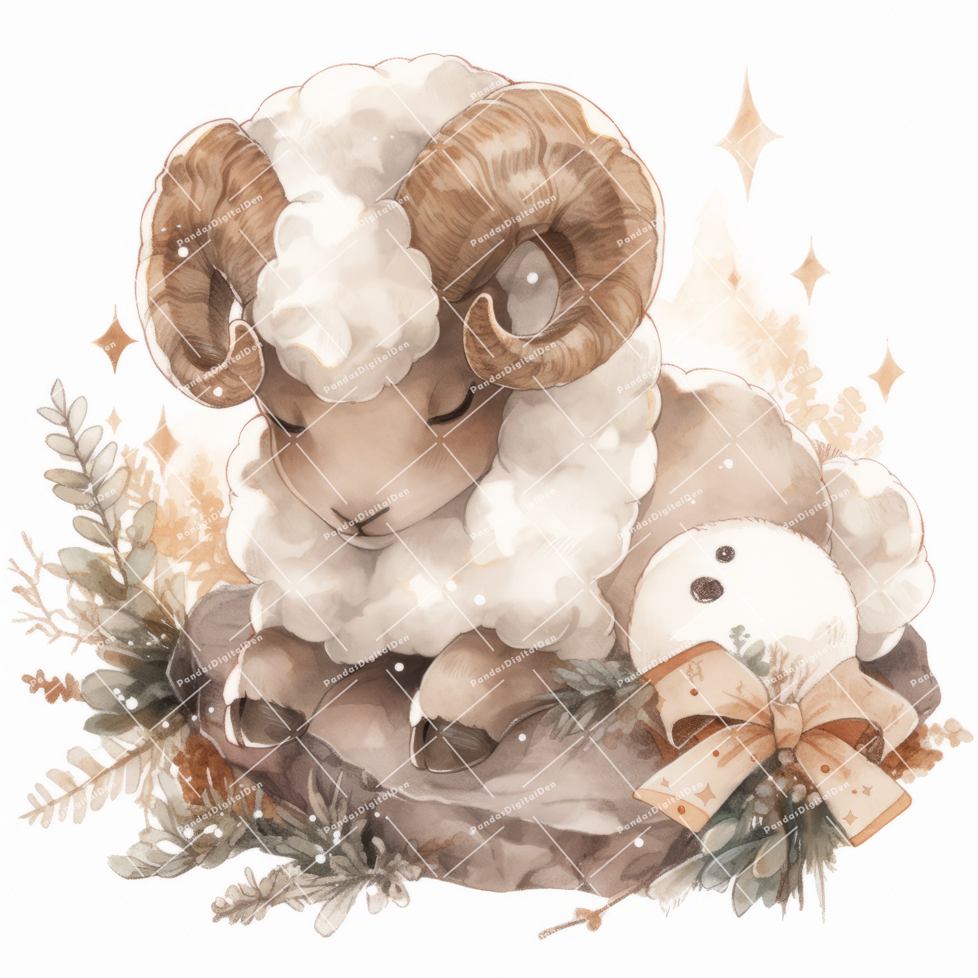 10 Watercolor Christmas Rams Clipart Set, Ram Portrait, Farm Animal ...