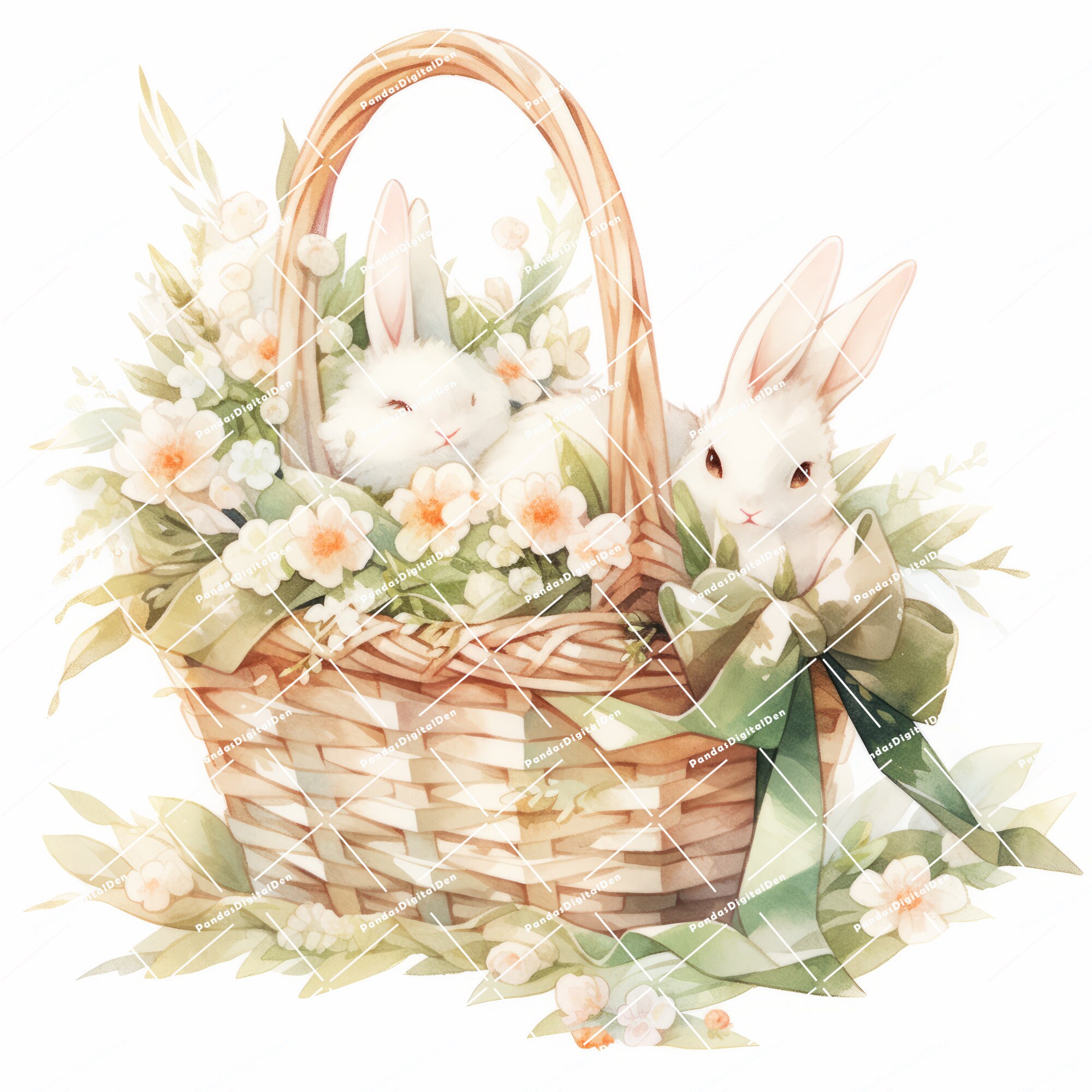 Easter Baskets Watercolor Clipart, Floral Egg Basket Images, Rabbit ...