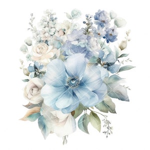 Pale Indigo Gardens - 20 Flower Bouquet Watercolor Clipart, Botanical ...