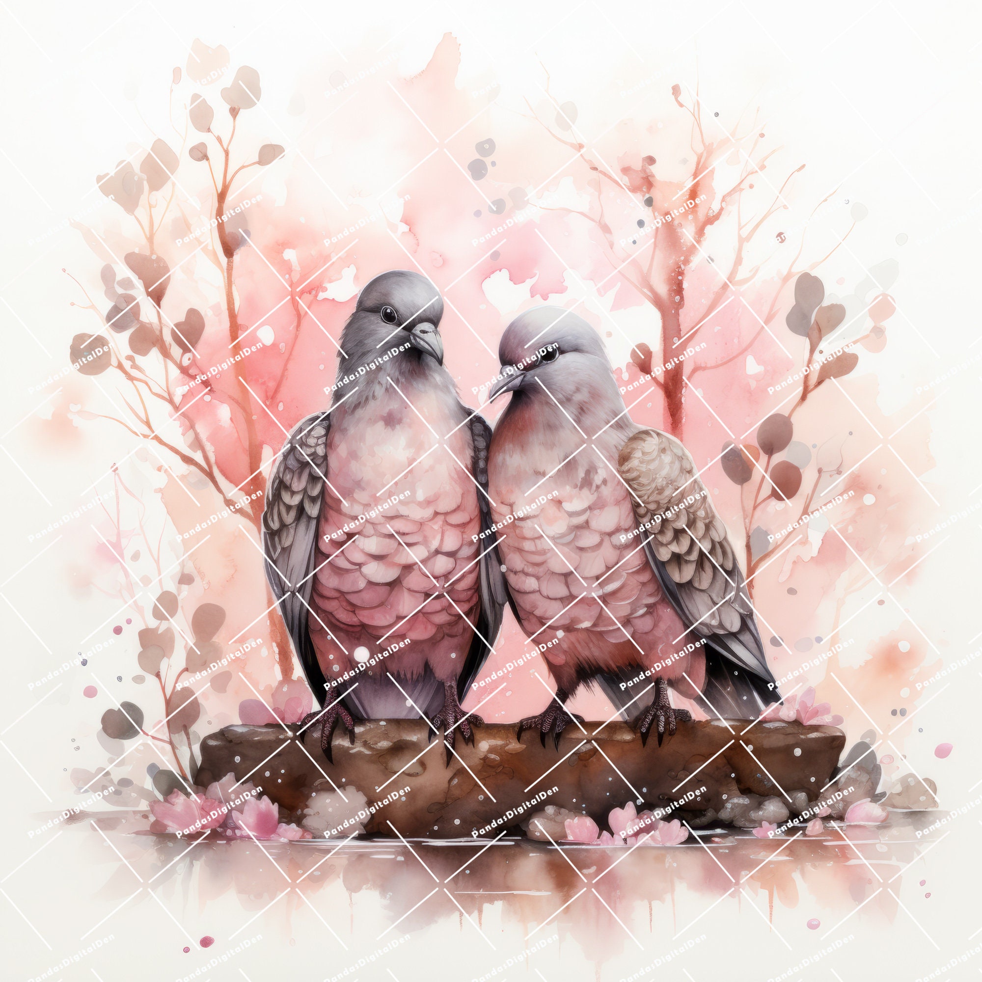 Valentine's Day Cards Clipart Cute Pigeons Illustrations Watercolor ...