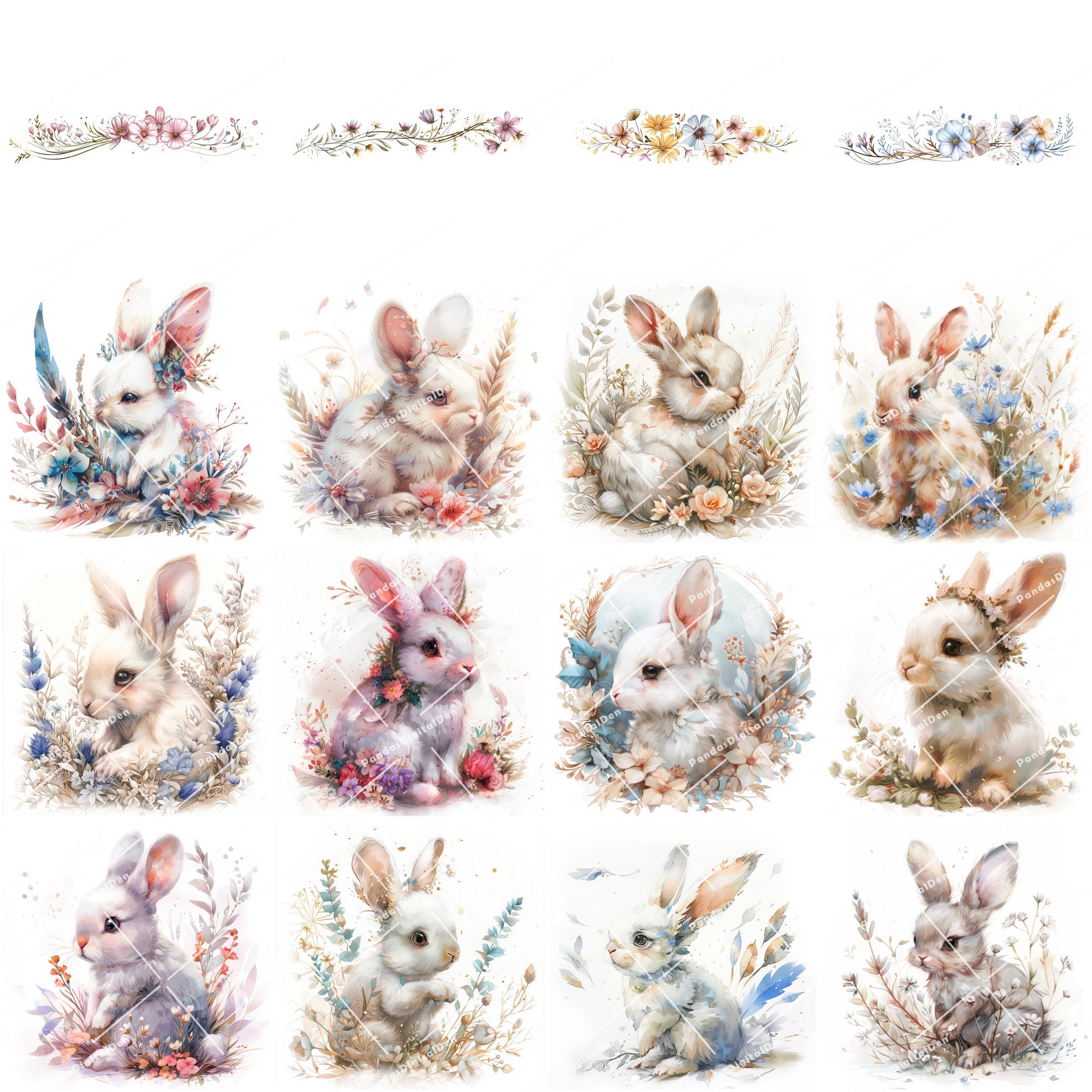16 Bunnies Clipart I Easter Clipart I Nursery Spring I Wild Flowers ...