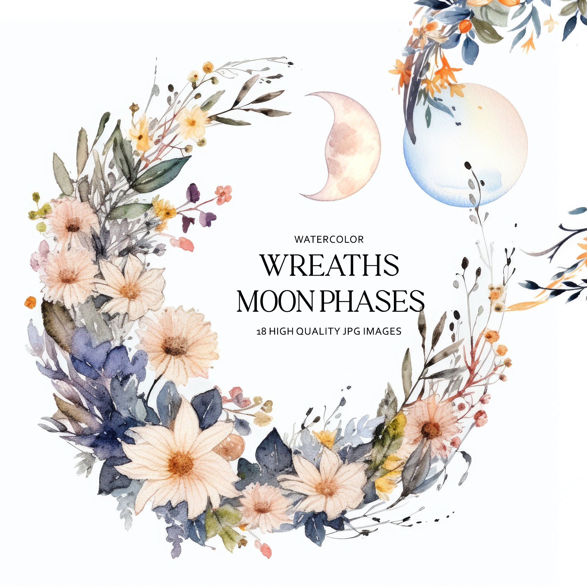 Watercolor Wreaths Moons Phases I Moon Phases Clipart I Moon Clipart I ...