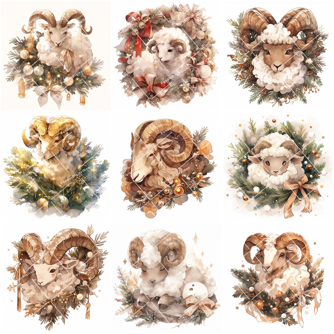 10 Watercolor Christmas Rams Clipart Set, Ram Portrait, Farm Animal ...