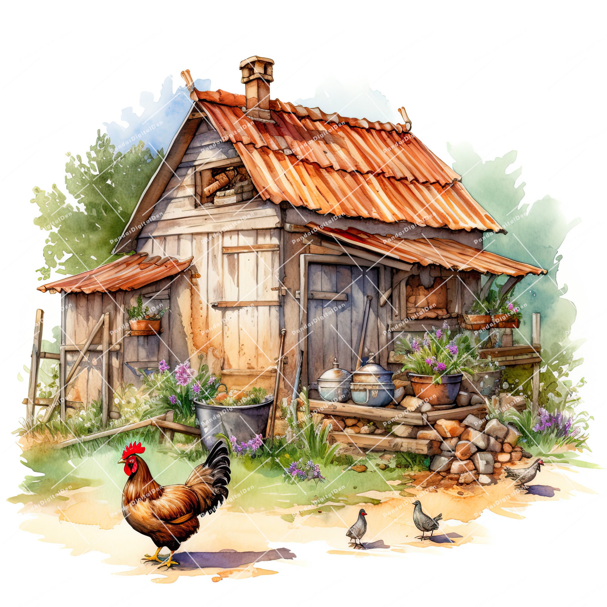 8 Watercolor Chicken Coop Clipart for Digital Invitations - Etsy