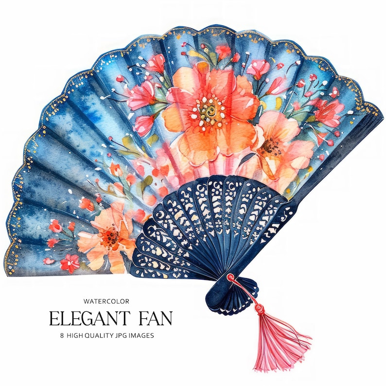 Elegant Flower Fan Clipart | Set of Hand Fan Illustrations | Watercolor ...