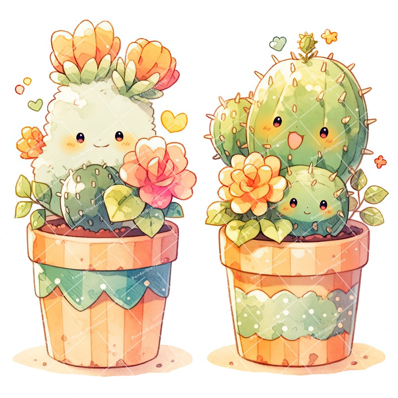 Cute Watercolor Kawaii Cactus Clipart Bundle Set of Cacti Illustrations ...