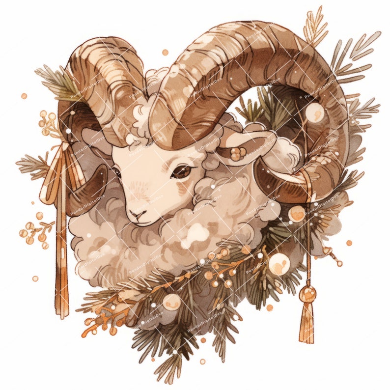 10 Watercolor Christmas Rams Clipart Set, Ram Portrait, Farm Animal ...