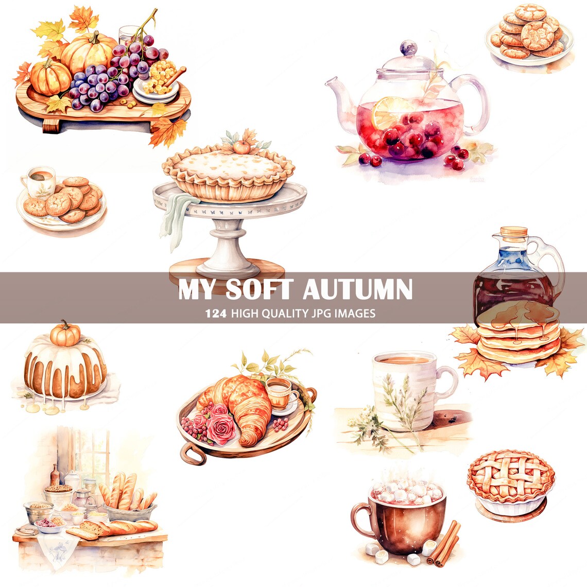 124 Muted Autumn Watercolor Clipart for Digital Invitations, Fall ...