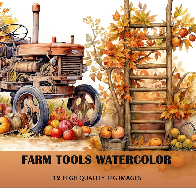 Watercolor Farm Tools Clipart, Ladders, Axes, Farm Equipment and Spades ...