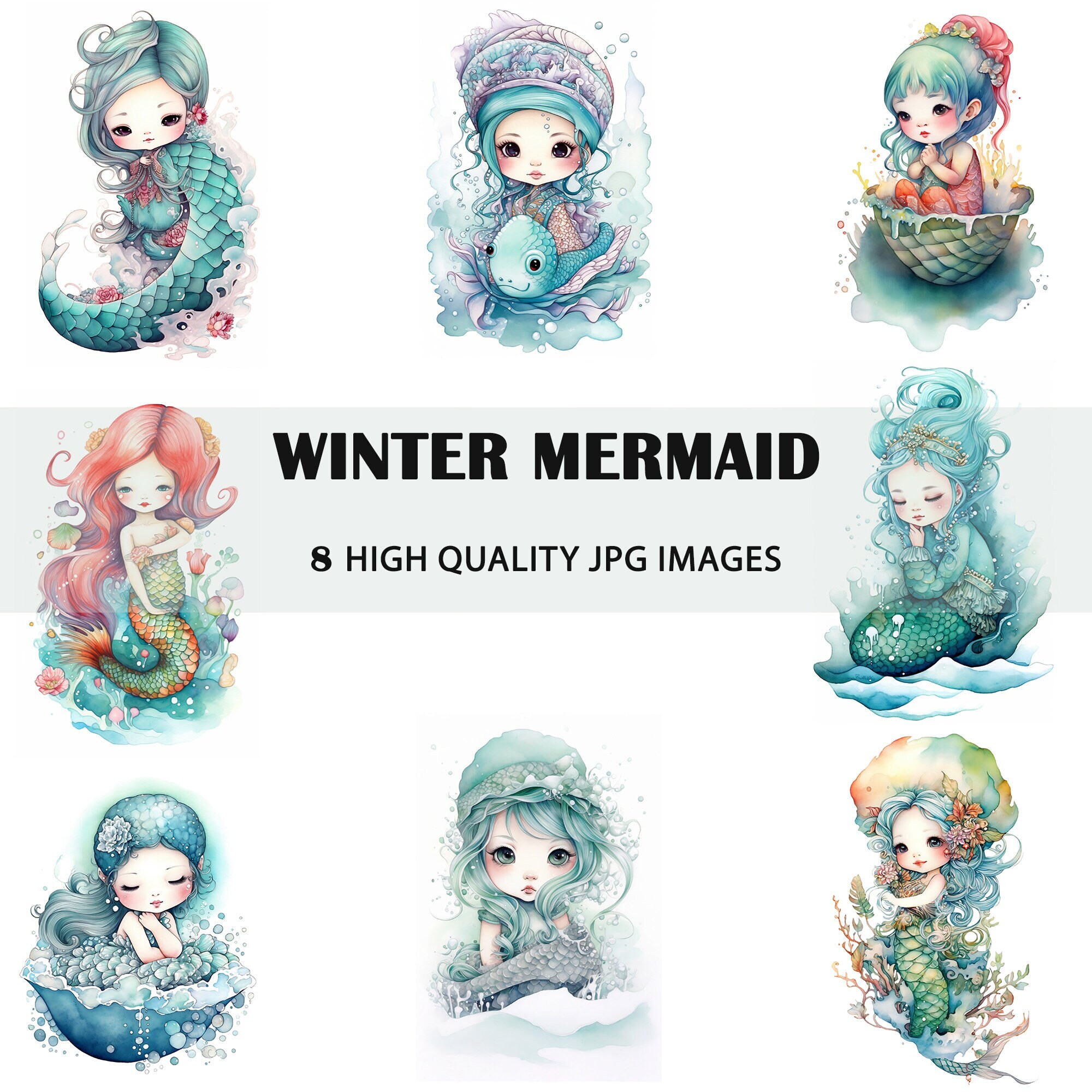 Watercolor Winter Mermaid Clipart for Digital Invitations, Digital ...