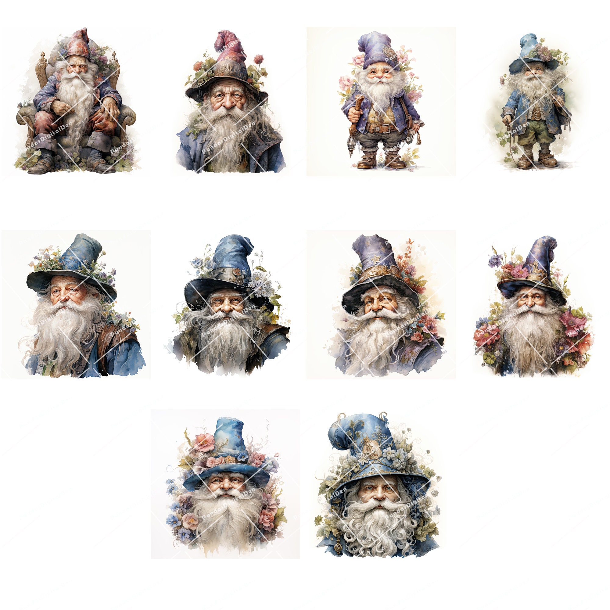 10 Garden Gnomes Portraits Watercolor Clipart Bundle Fantasy Magical ...