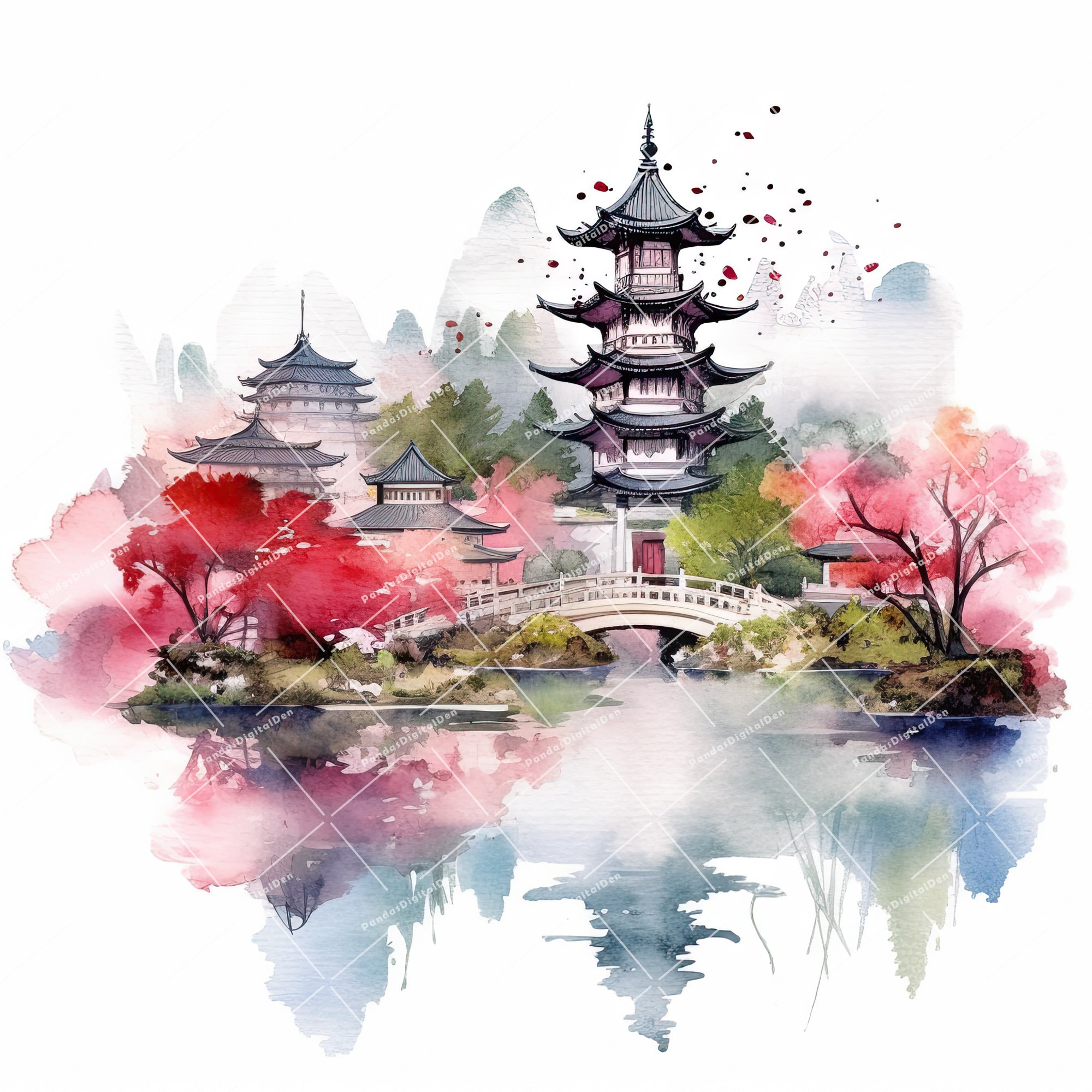 Japanese Landscape Clipart, Watercolor Art, Digital Download, Mixed ...