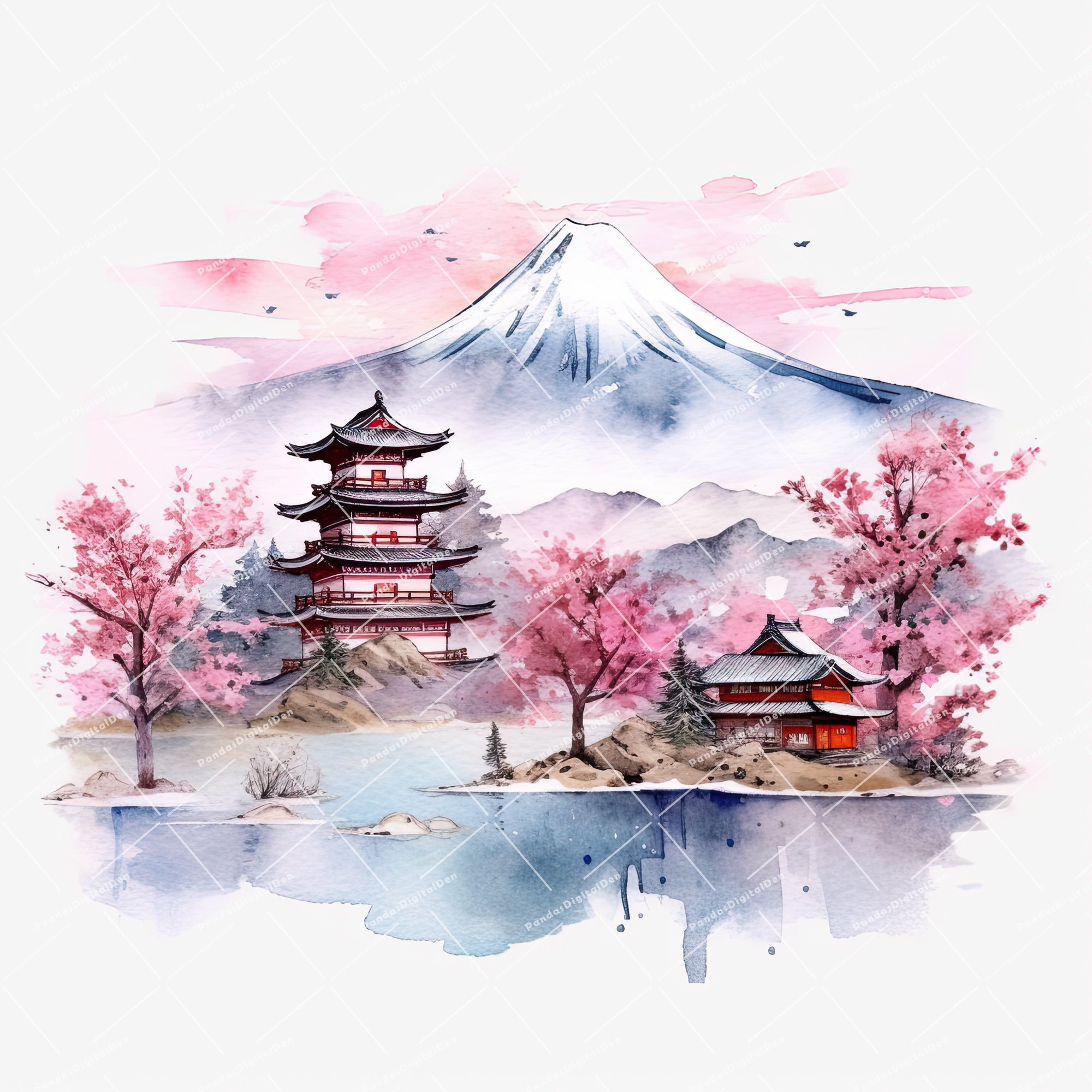 Japanese Landscape Clipart, Watercolor Art, Digital Download, Mixed ...