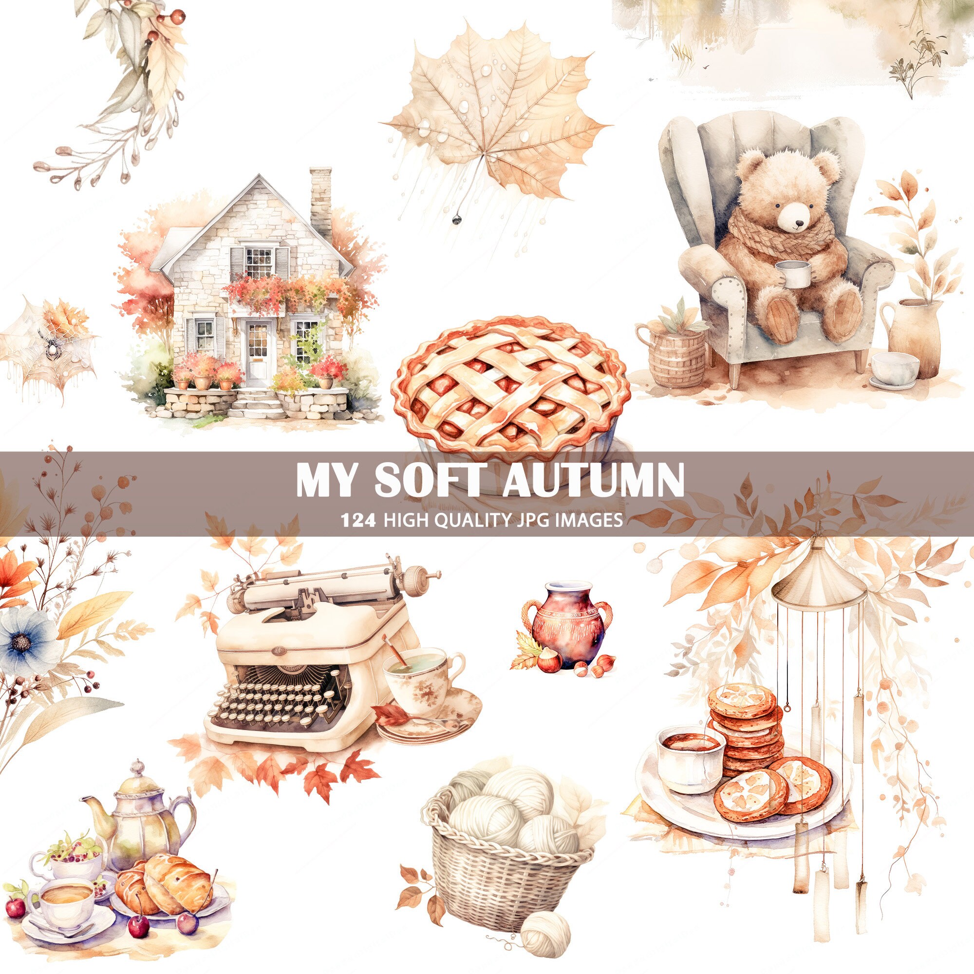 124 Muted Autumn Watercolor Clipart for Digital Invitations, Fall ...