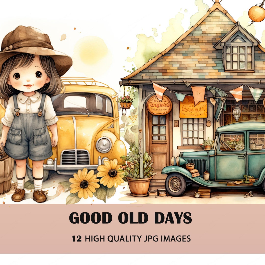 Watercolor Retro Clipart Set: "good Old Days" Cartoon Illustrations (digital) - Etsy