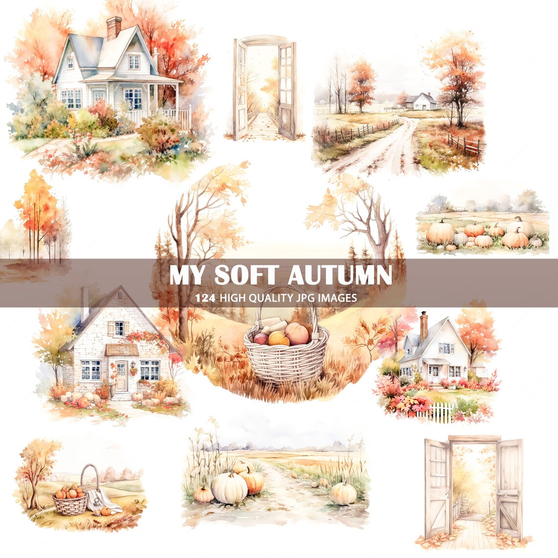 124 Muted Autumn Watercolor Clipart for Digital Invitations, Fall ...
