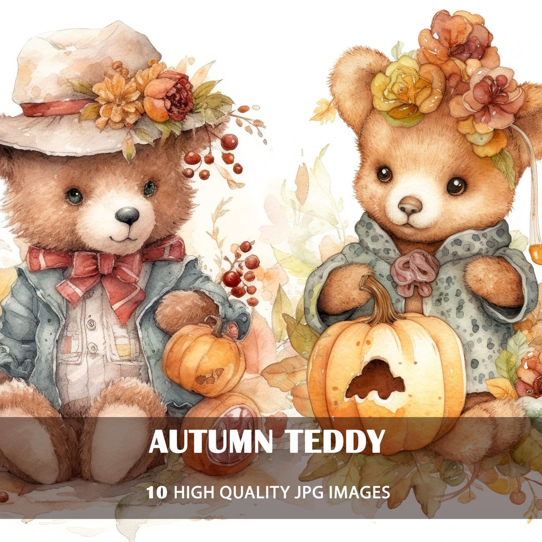 10 Autumn Teddy Bear Watercolor Clipart for Digital Invitations ...