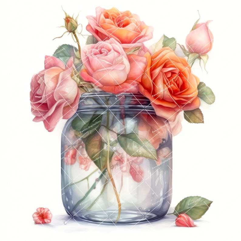 Watercolor Roses in Glass Jar Clipart for Digital Invitations, Digital ...
